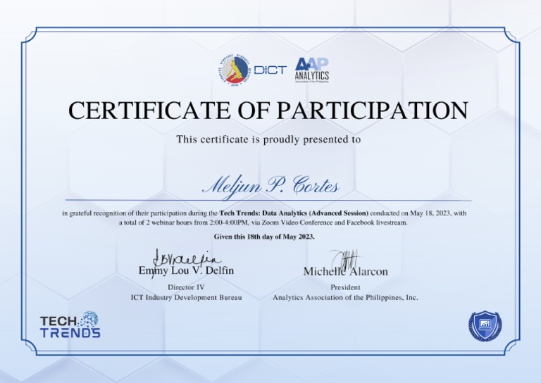 DICT Data Analytics 2023 (Certificate of Completion) | PDF