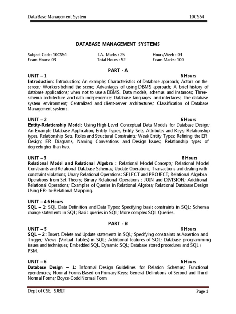 Cse V Database Management Systems 10cs54 Notes | PDF | Databases | Data ...