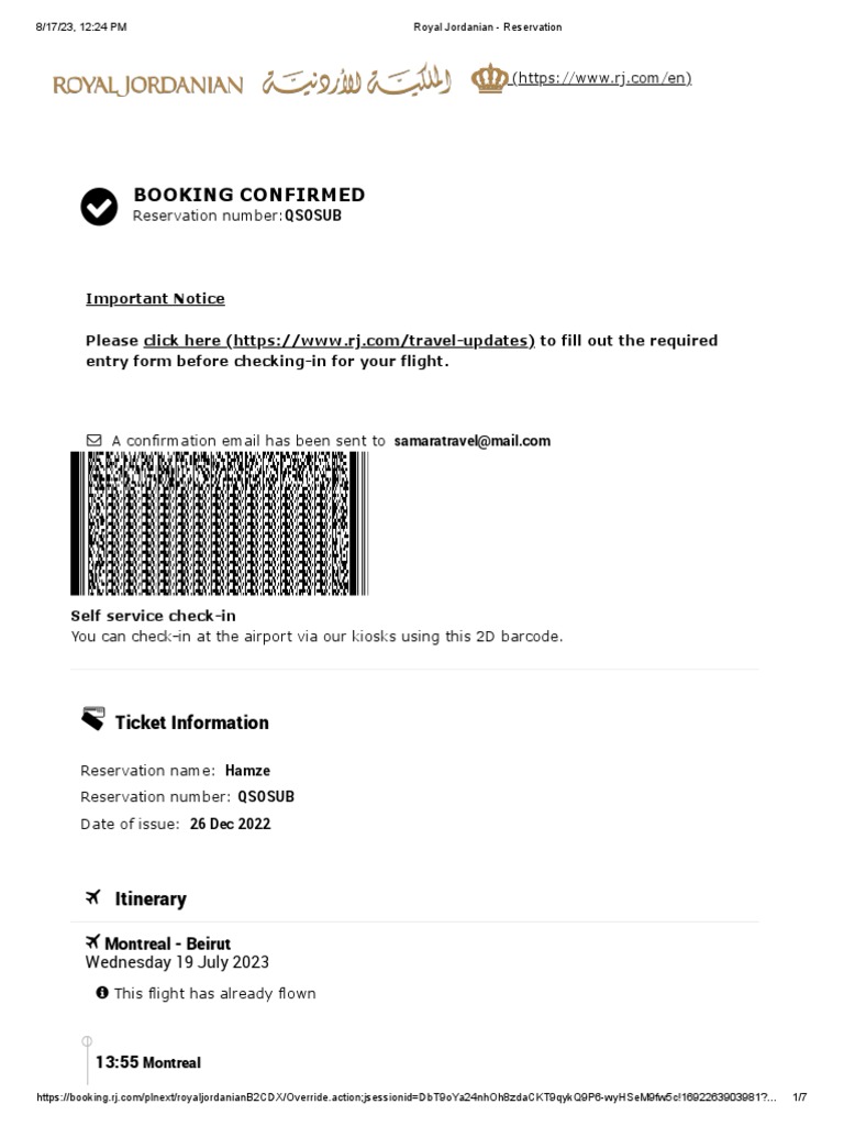 Royal Jordanian - Reservation | PDF