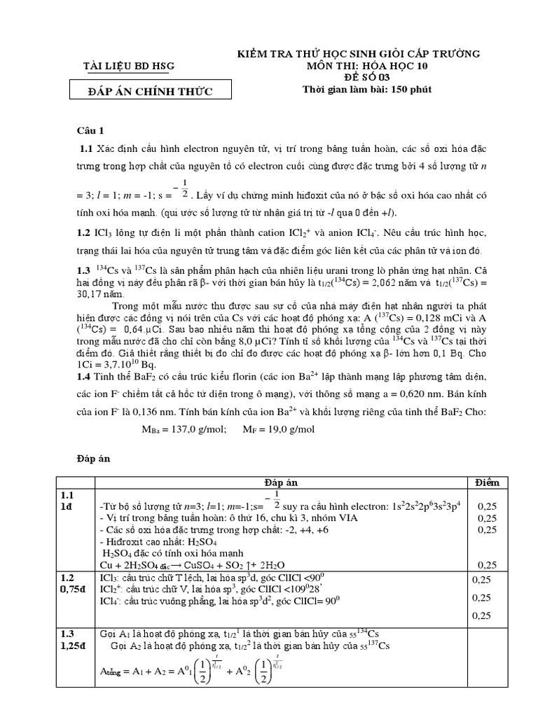 4.1.23 - ĐÁP ÁN ÔN TẬP HSG CẤP TRƯỜNG H10 | PDF