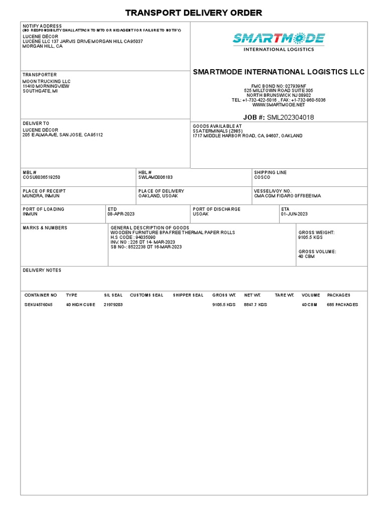 Transport Delivery Order | PDF