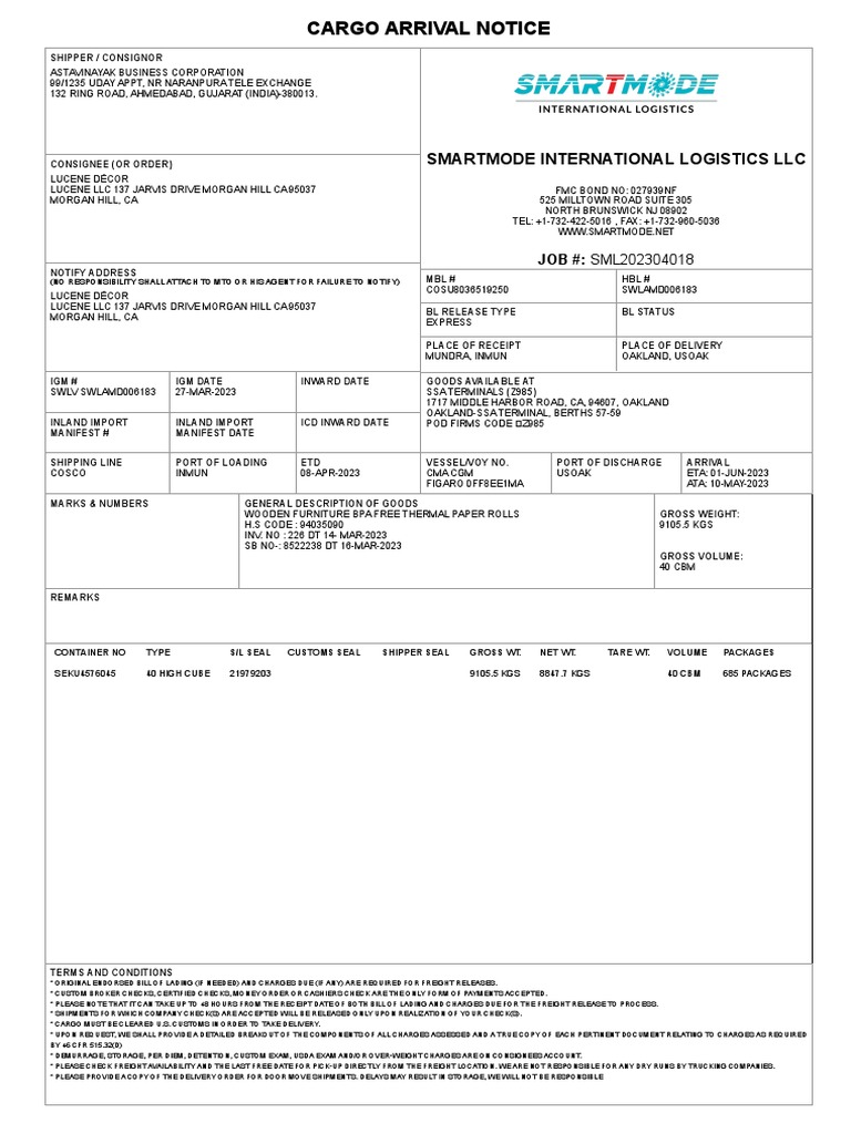 Cargo Arrival Notice | PDF