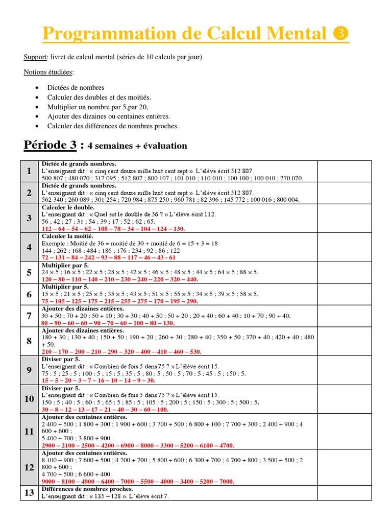 Programmation Calcul Mental P3 | PDF