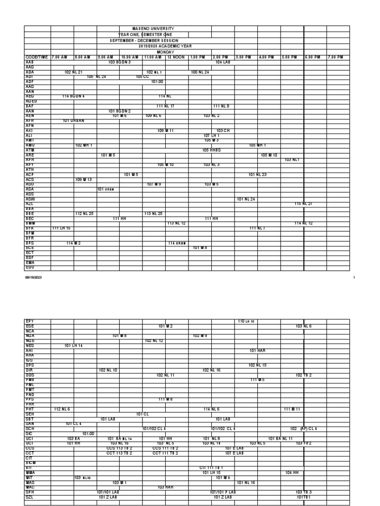 Draft Teaching Timetables For Years 1, 2,3 & 4 Sem.1 Sept-Dec 2023-2024 ...