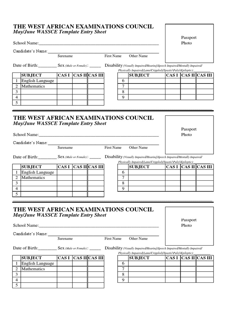 WAEC May-June Form Template | PDF | Disability | Cerebral Palsy