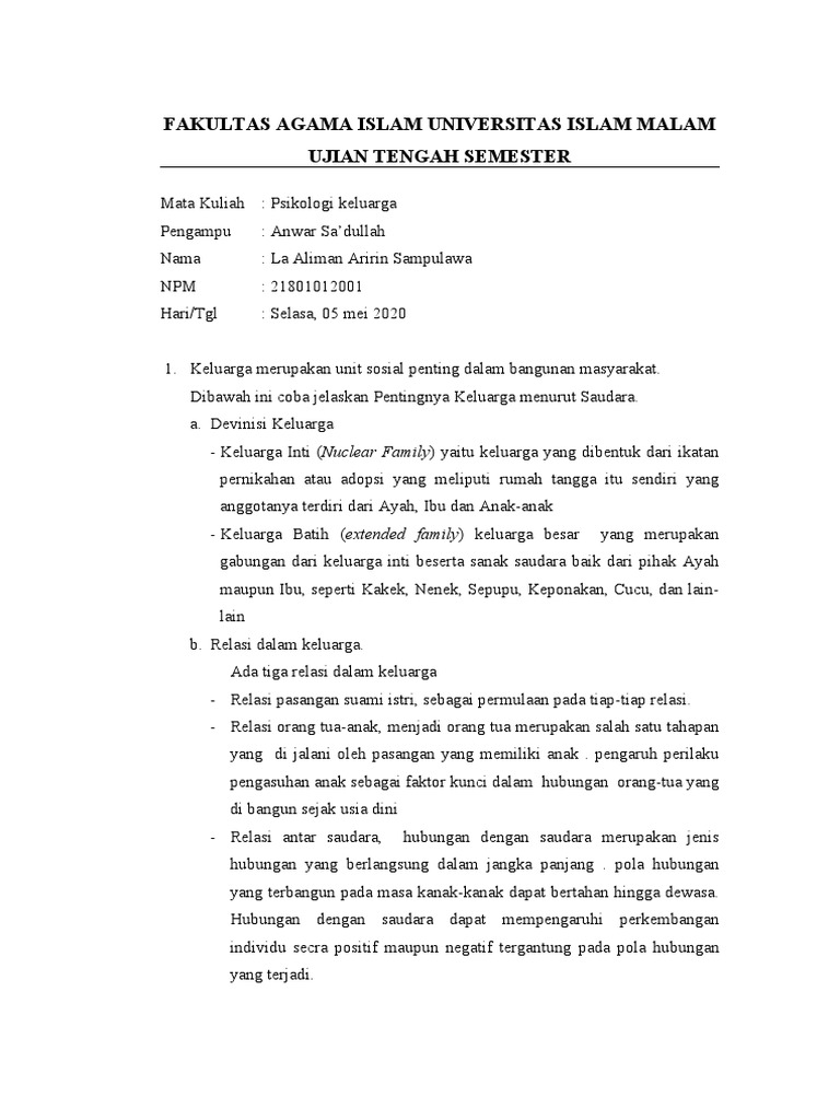 UTS Psikologi Keluarga (Aliman AS 21801012001) | PDF