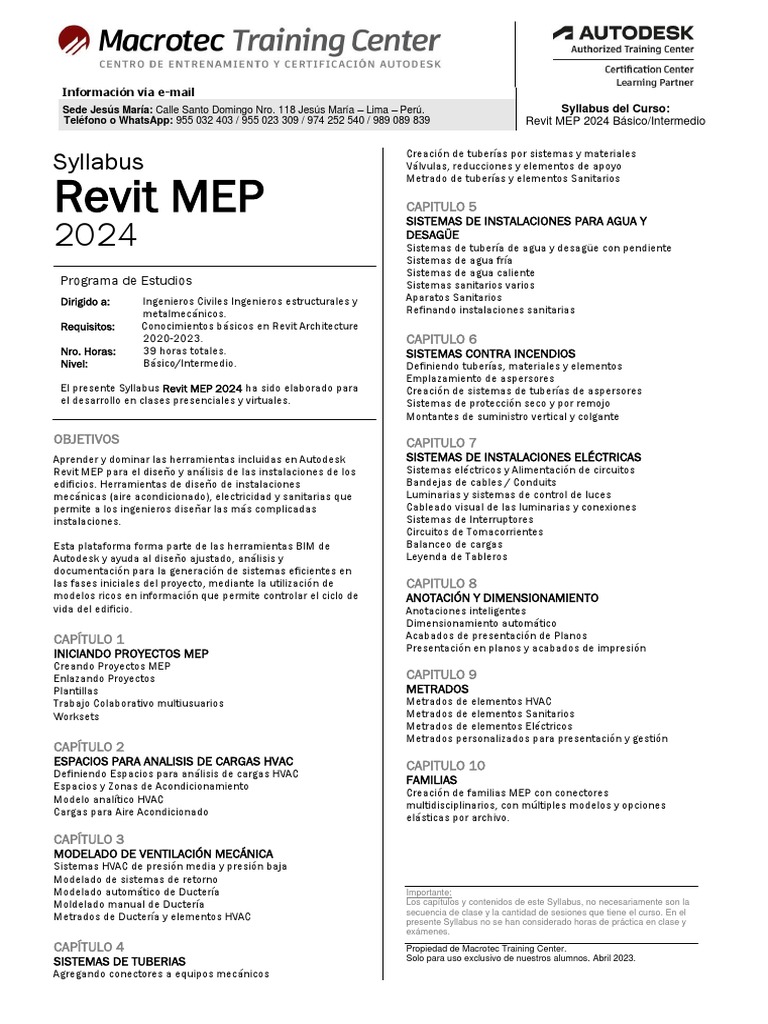 Syllabus Revit MEP 2024_Macrotec Training Center | PDF