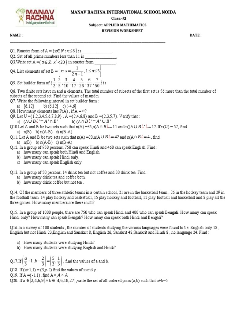 Xi Math Ch 1 Worksheet Pdf