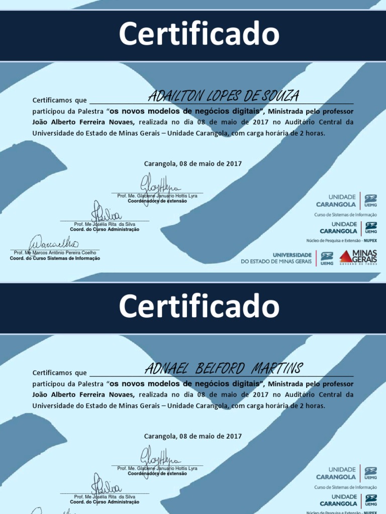 Certificados Palestra Novos Modelos Figitais | PDF