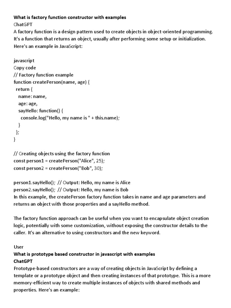 What Is Factory Function Constructor With Examples By Chatgpt Pdf Document Object Model J 