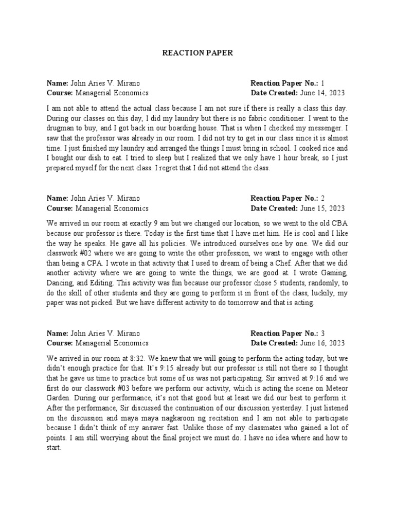 Reaction PAPER | PDF | Economies