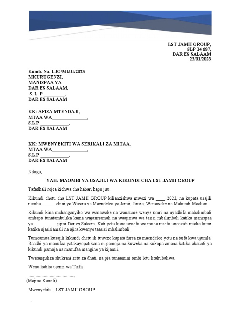 Sample Letter of Application For Registration of A Community ...