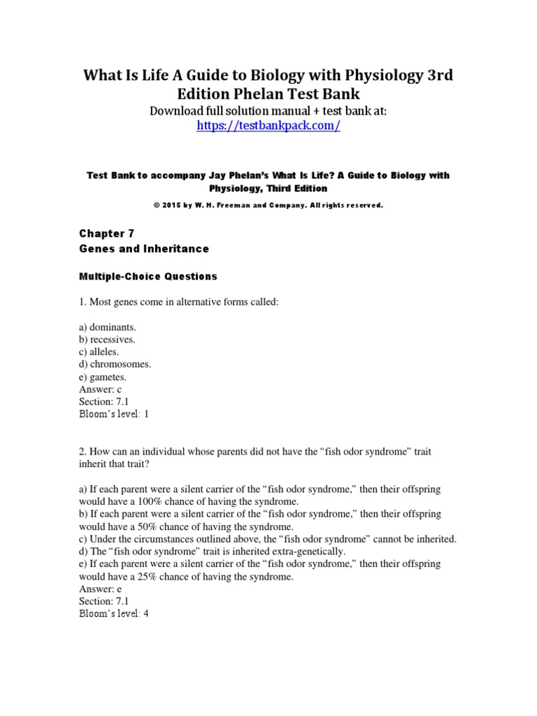 What Is Life A Guide To Biology With Physiology 3rd Edition Phelan Test ...