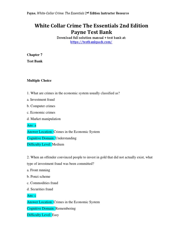White Collar Crime The Essentials 2nd Edition Payne Test Bank Download ...