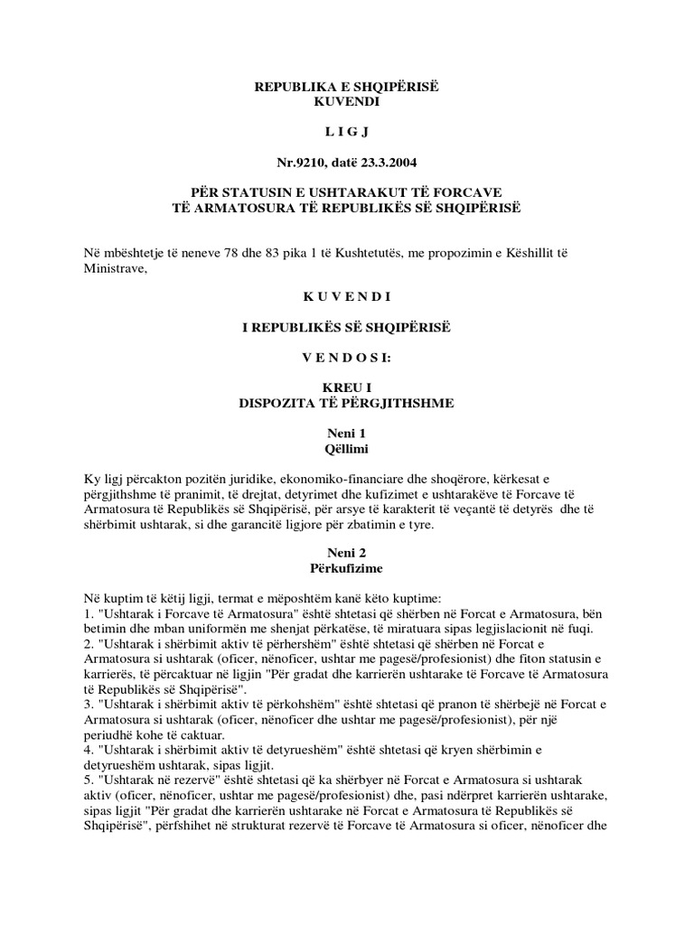 Republika E Shqipërisë Kuvendi Ligj Nr.9210, Datë 23.3.2004 Për Statusin E Ushtarakut Të Forcave ...