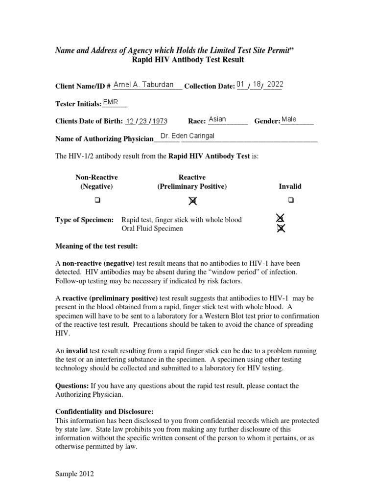 Non-Reactive HIV Test Result Sample | PDF