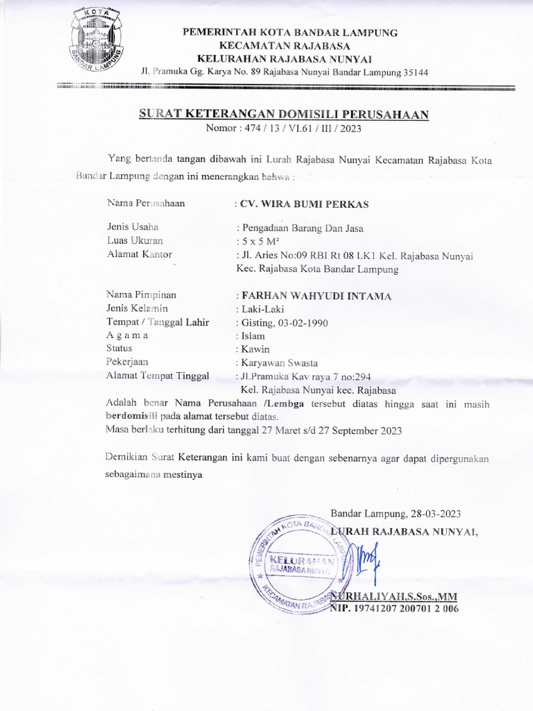 Surat Keterangan Domisili CV Bandar Lampung | PDF