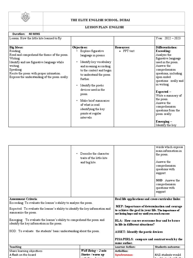 Lesson Plan: Little Kite Poem Analysis | PDF | Reading Comprehension ...