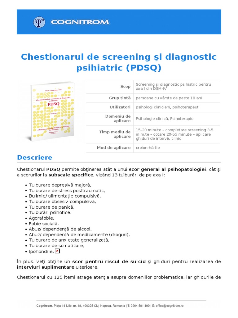 Chestionarul de Screening Şi Diagnostic Psihiatric (PDSQ) | PDF