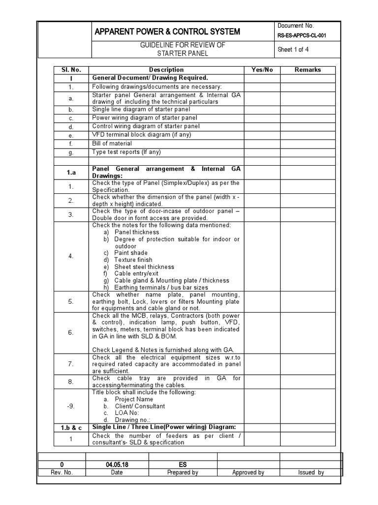 Checklist For Starter Panel | PDF