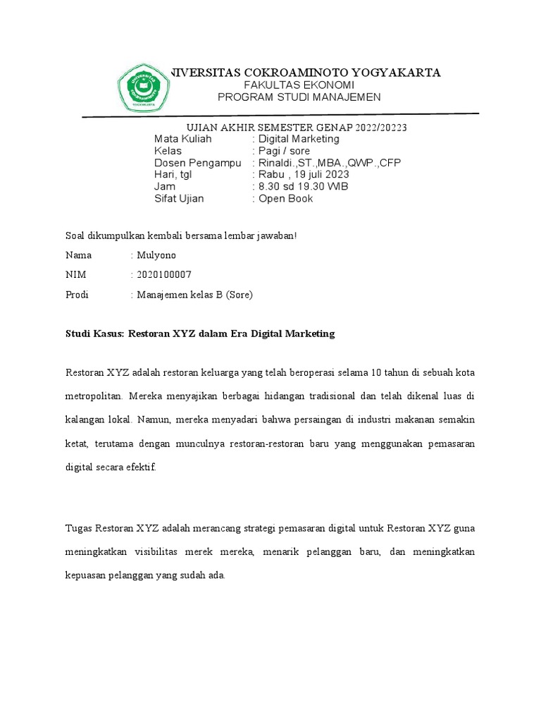 Mulyono - 2020100007 - Uas Digital Marketing | PDF | Ilmu Sosial