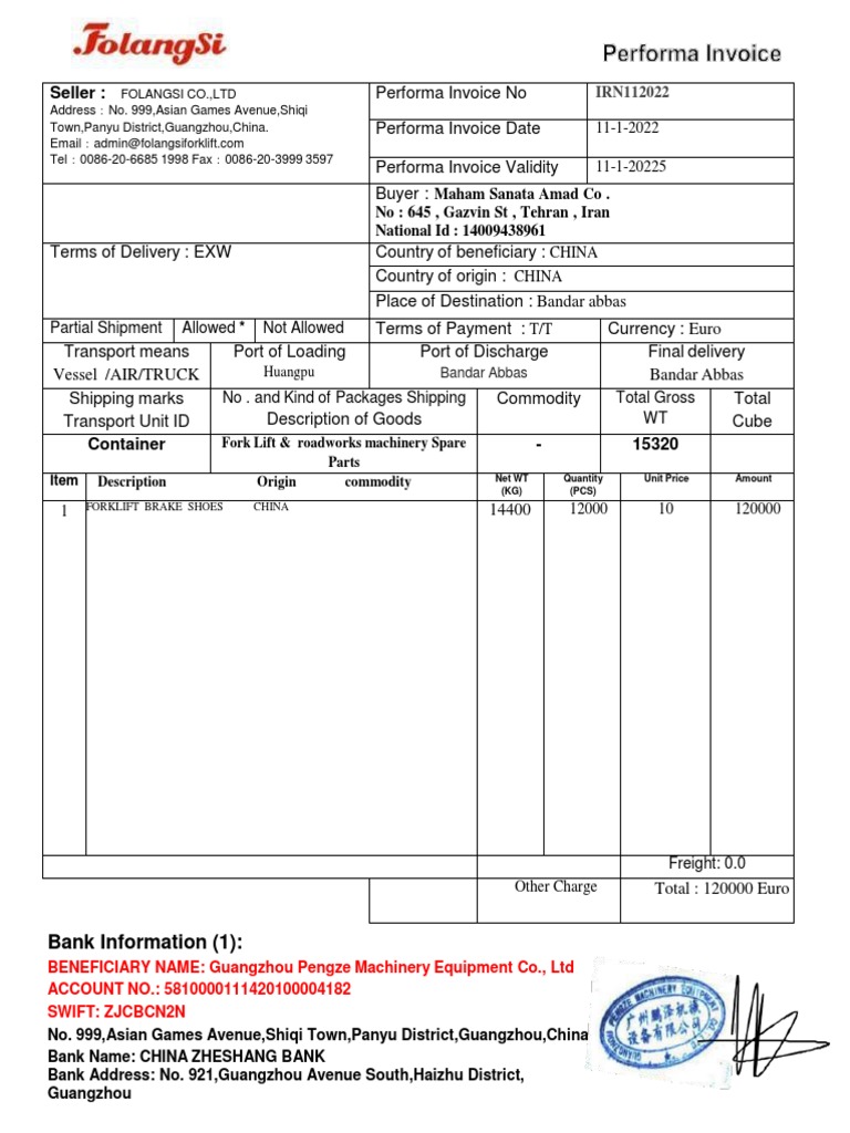 Forklift Parts Invoice IRN112022 | PDF