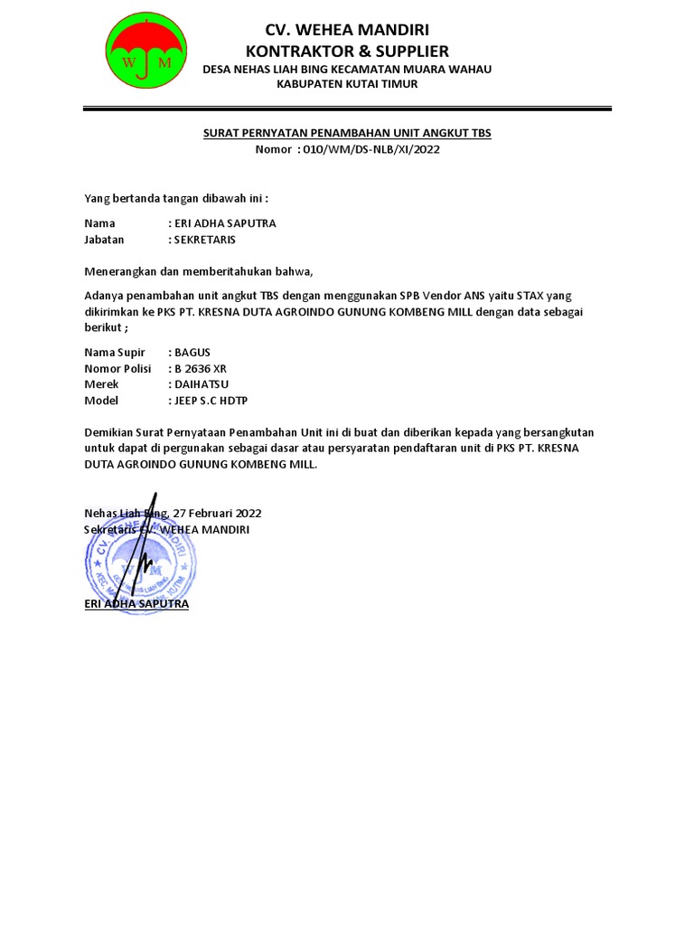 Surat Pernyatan Penambahan Unit Angkut TBS | PDF