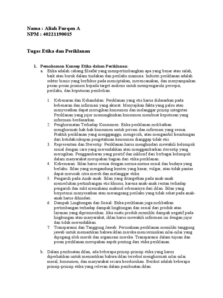 Aliah Furqon - 40221190015 - Tugas 1 Etika | PDF