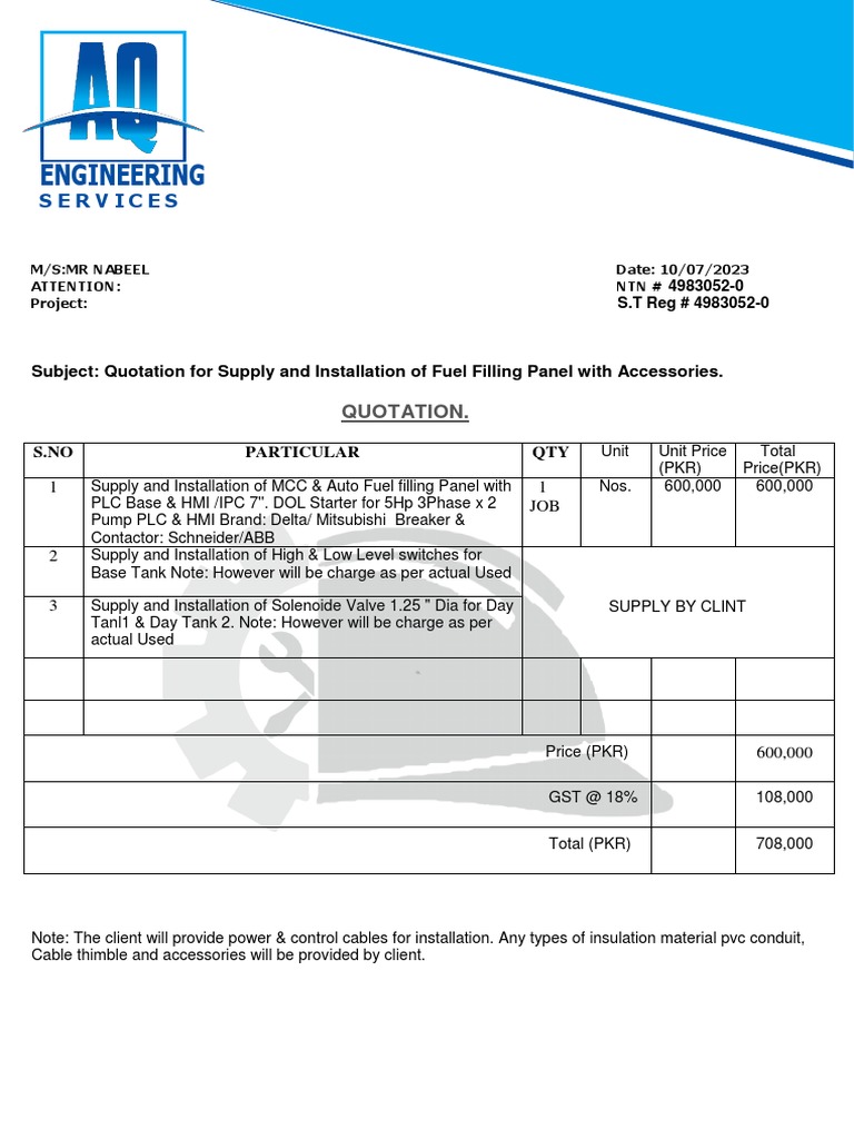 Fuel Filling System PLC Base Quotation | PDF