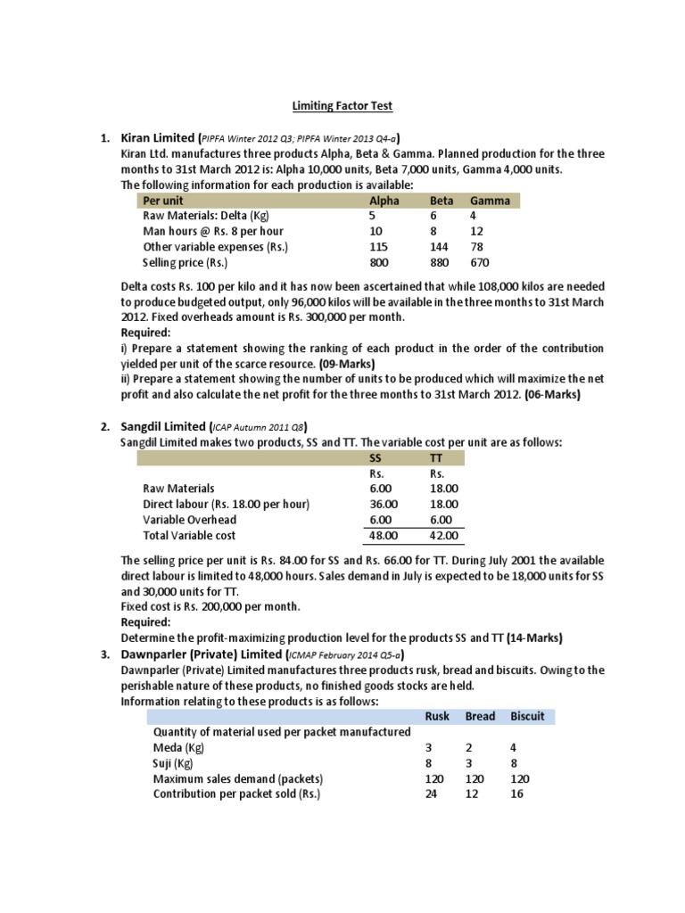 Limiting Factors Test TAE-1 | PDF | Labour Economics | Linear Programming