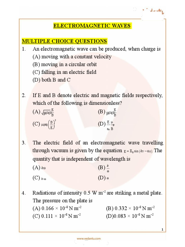 JEE Main Electromagnetic Waves Important Questions Free PDF | PDF | Electromagnetic Radiation ...
