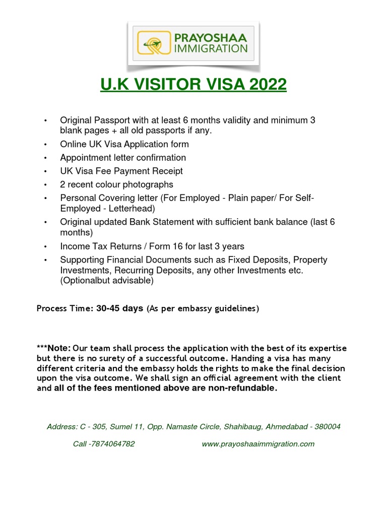 U.K Visitor Visa Document Checklist 2022 | PDF