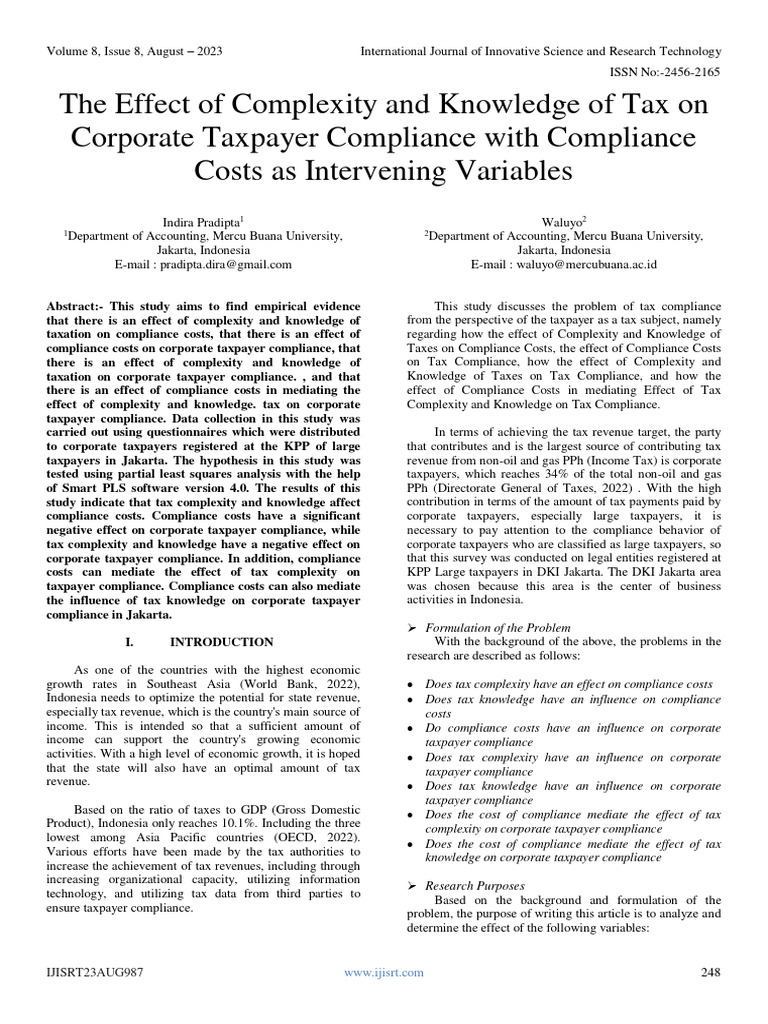 The Effect of Complexity and Knowledge of Tax On Corporate Taxpayer ... The Effect of Complexity and Knowledge of Tax On Corporate Taxpayer ...