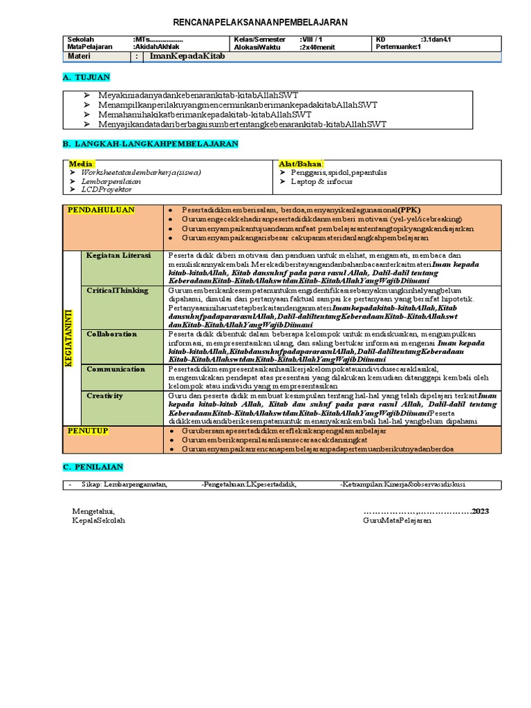 RPP Akidah Akhlak Kelas 8 | PDF