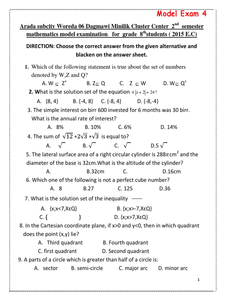 Mathematics Model Exam 4 | PDF