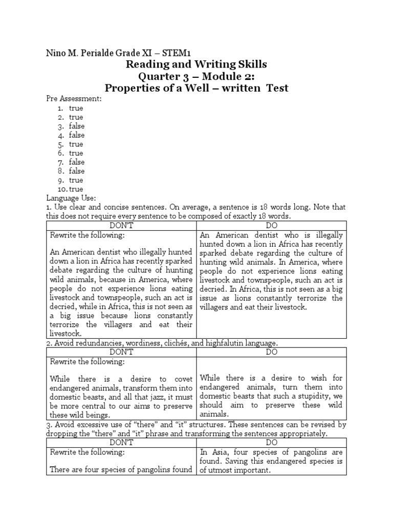 Reading And Writing Skills Quarter 3 Module 2 Properties Of A Well