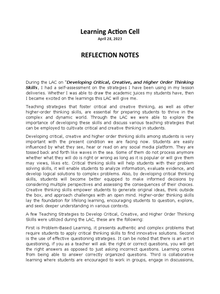Reflection Notes HOTS | PDF