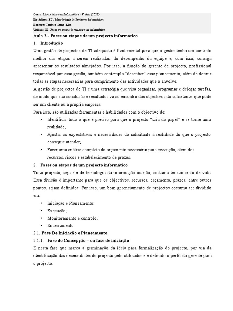 Aula 03 - MPI (Fases Ou Etapas de Um Projecto Informático) | PDF