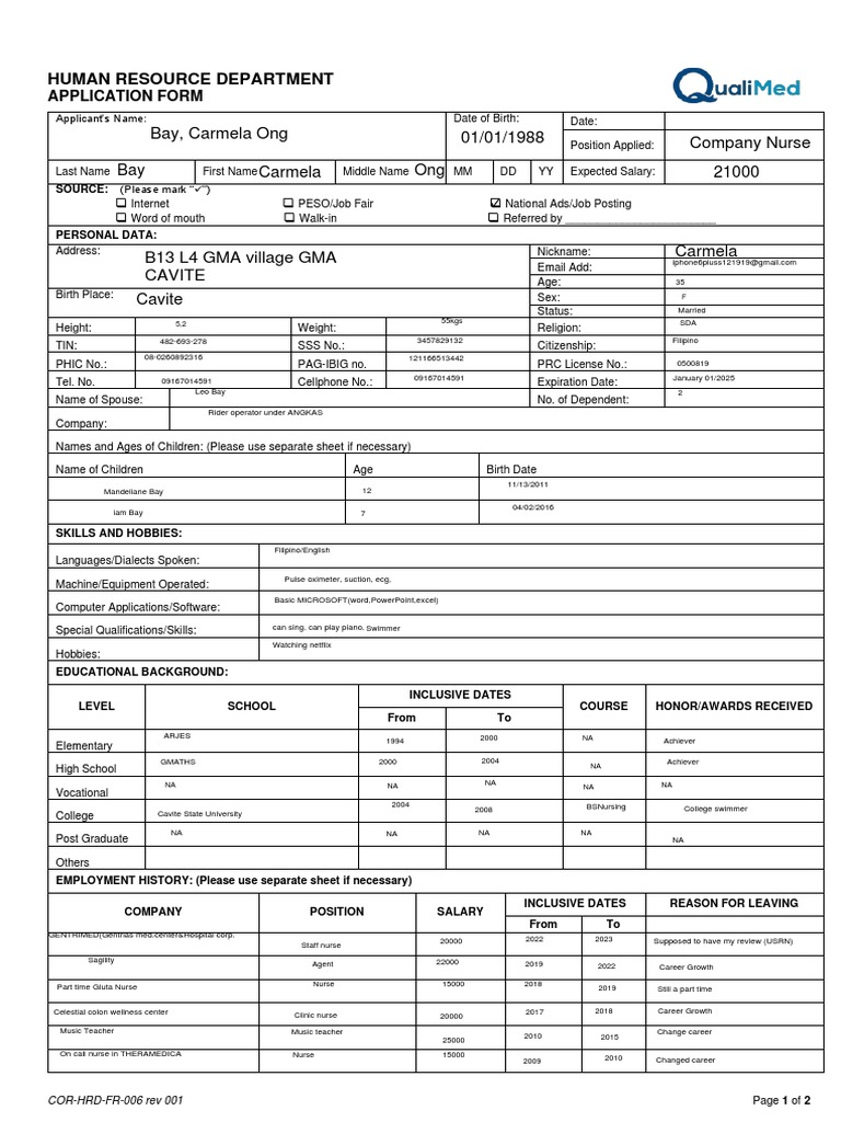 Human Resource Application Form | PDF