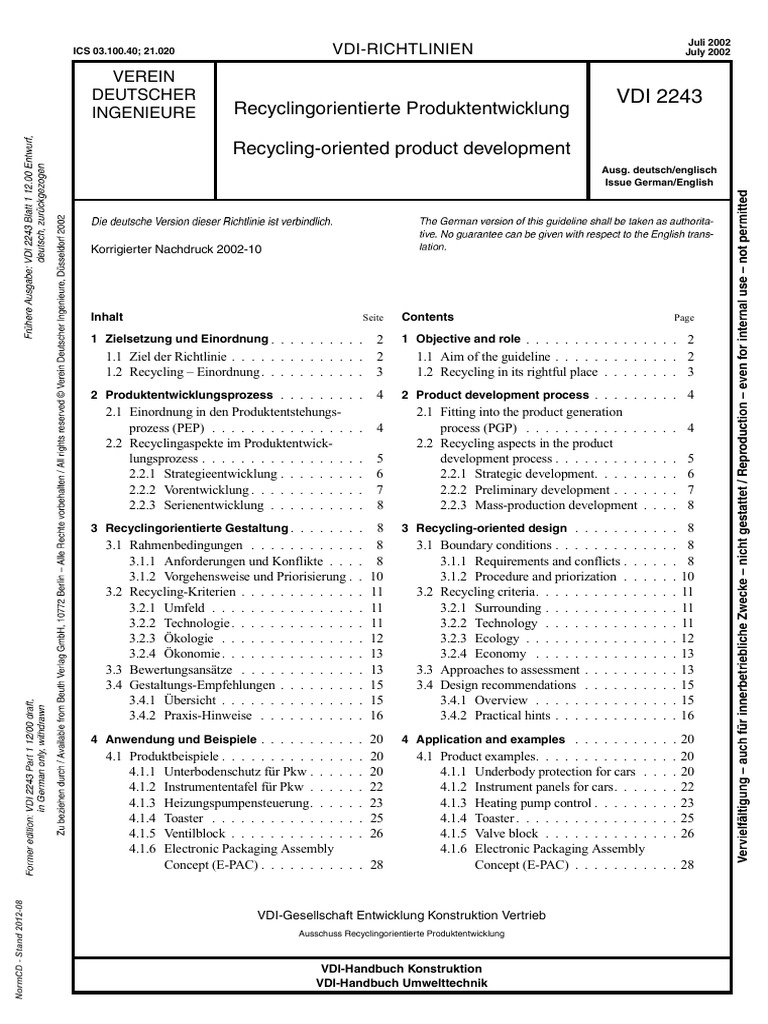 VDI 2243 Recyclingorientierte Produktentwicklung | PDF