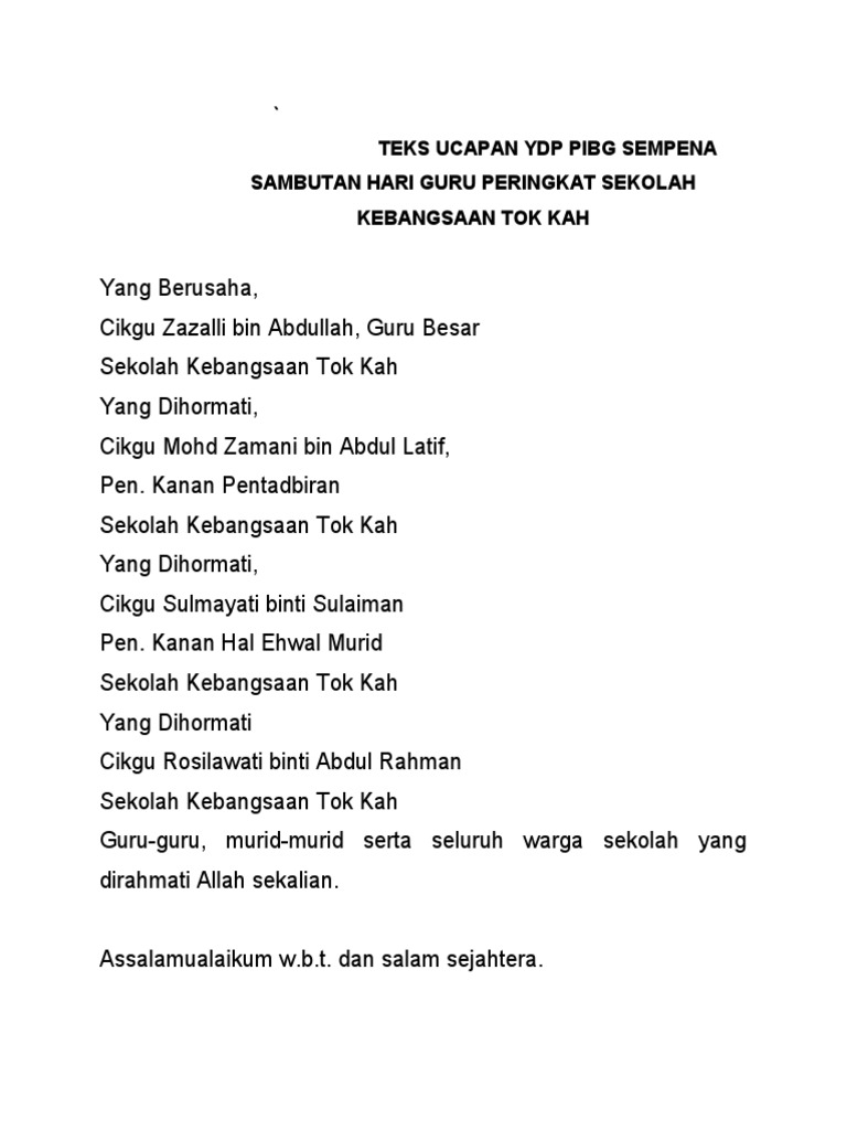 Teks Ucapan Ydp Pibg Sempena Sambutan Hari Guru Peringkat Sekolah | PDF