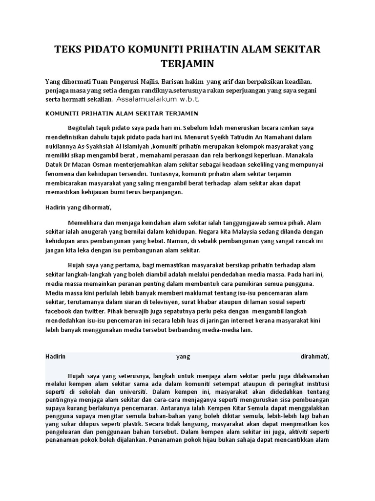 Teks Pidato Komuniti Prihatin Alam Sekitar Terjamin | PDF | Kesehatan Holistik