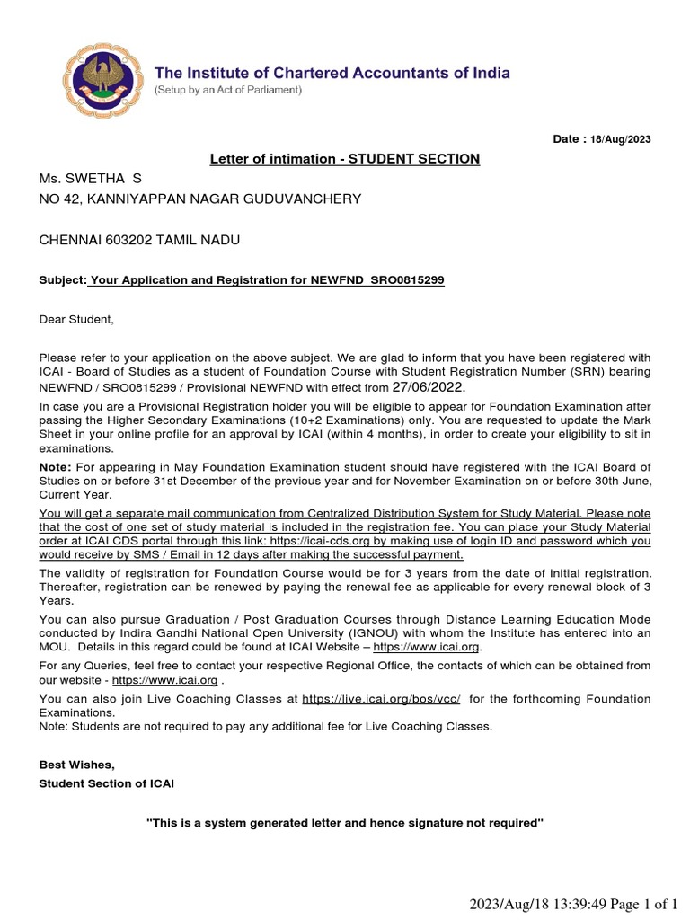 Letter of Intimation - STUDENT SECTION: Ms. Swetha S No 42, Kanniyappan ...