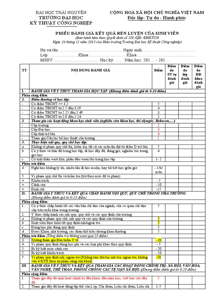 Phieu Cham Diem Ren Luyen | PDF