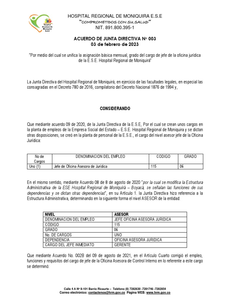 ACUERDO N° 003 ASIGNACIÓN BÁSICA MENSUAL DEL GRADO DEL CARGO DE JEFE DE LA OFICINA JURÍDICA ...