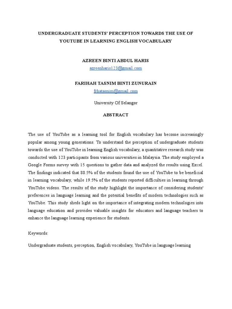 Undergraduate Student's Perception Towards The Use of YouTube in ... Undergraduate Student's Perception Towards The Use of YouTube in ...
