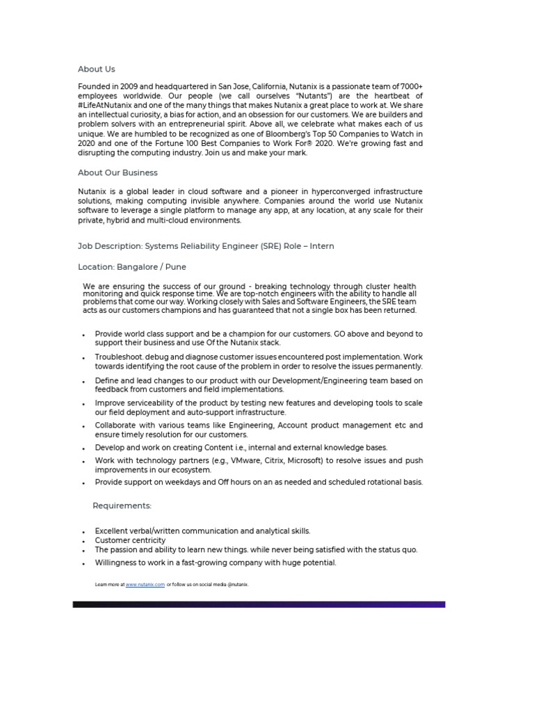 Nutanix - SRE Intern Job Description | PDF
