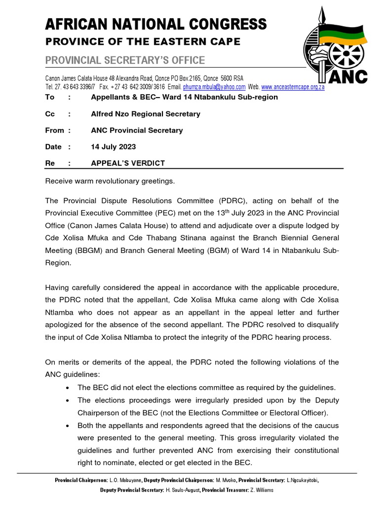 Appellants & BEC - Ward 14 Ntabankulu Sub-Region | PDF