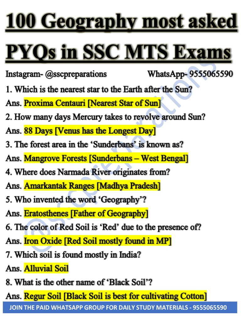 100 Geography PYQs of SSC MTS | PDF