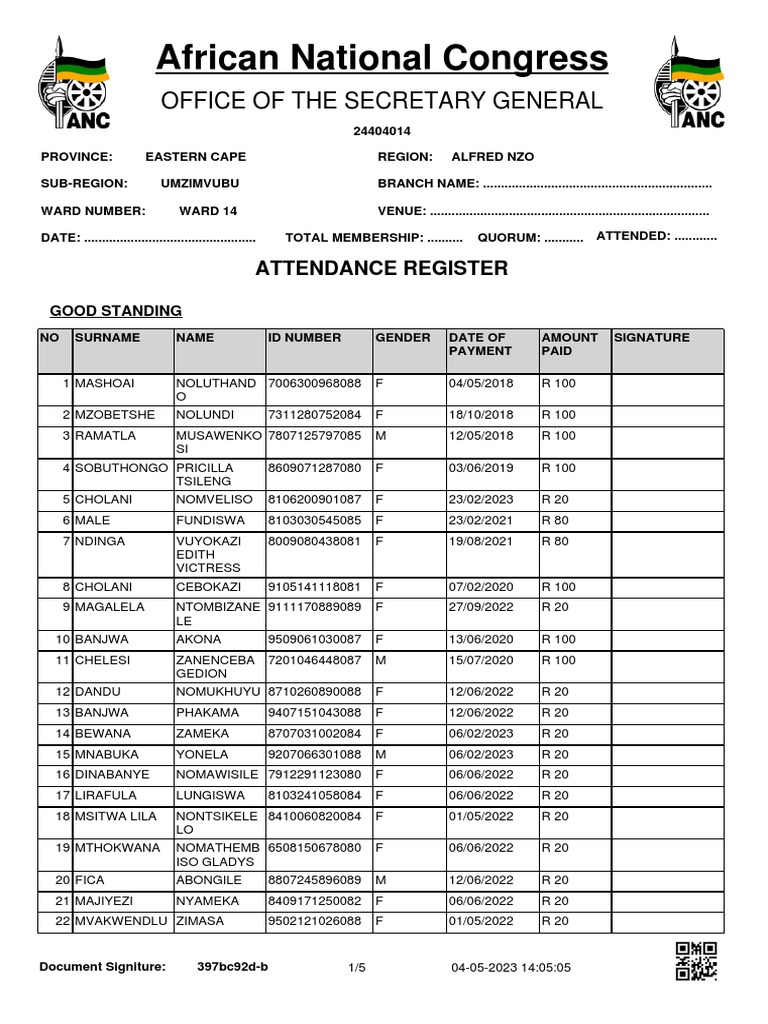 ANC Branch Attendance Register 2023 | PDF | Signature | Biometrics